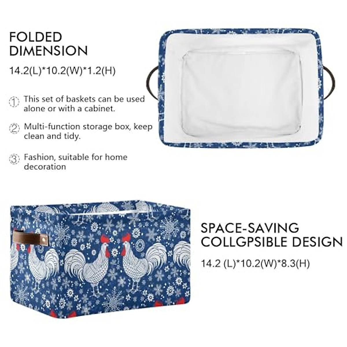 Roosters Farmhouse Snowflakes Storage Basket Bins Collapsible Toy Storage Bins with Handles Laundry Baskets for Playroom Living Bed Room Office Clothes Nursery,1 pcs