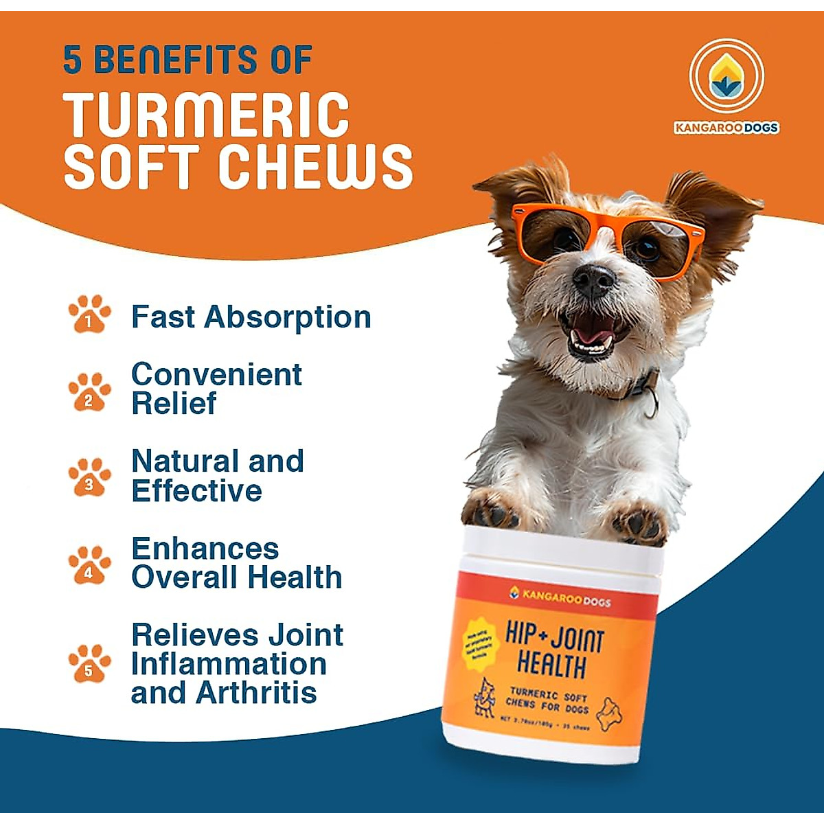 Kangaroo Dogs Hip + Joint Health Turmeric Soft Chews - Dog Supplement Made with Organic Turmeric - Supports Mobility, Immune System, Heart Health, May Reduce Joint Pain & Inflammation - 35 Treats