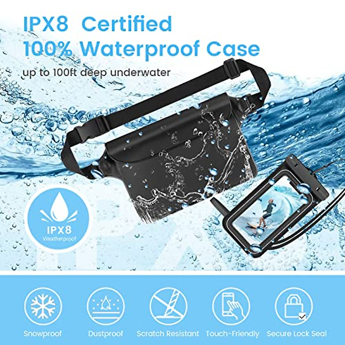 VEGO [2 Pack] Waterproof Pouch with Adjustable Waist Strap, Universal Floating Waterproof Phone Pouch for iPhone 13 12 11 Pro XR Xs 8 7 Galaxy S22 S21 S10 Note 10 up to 7" - Black+Black