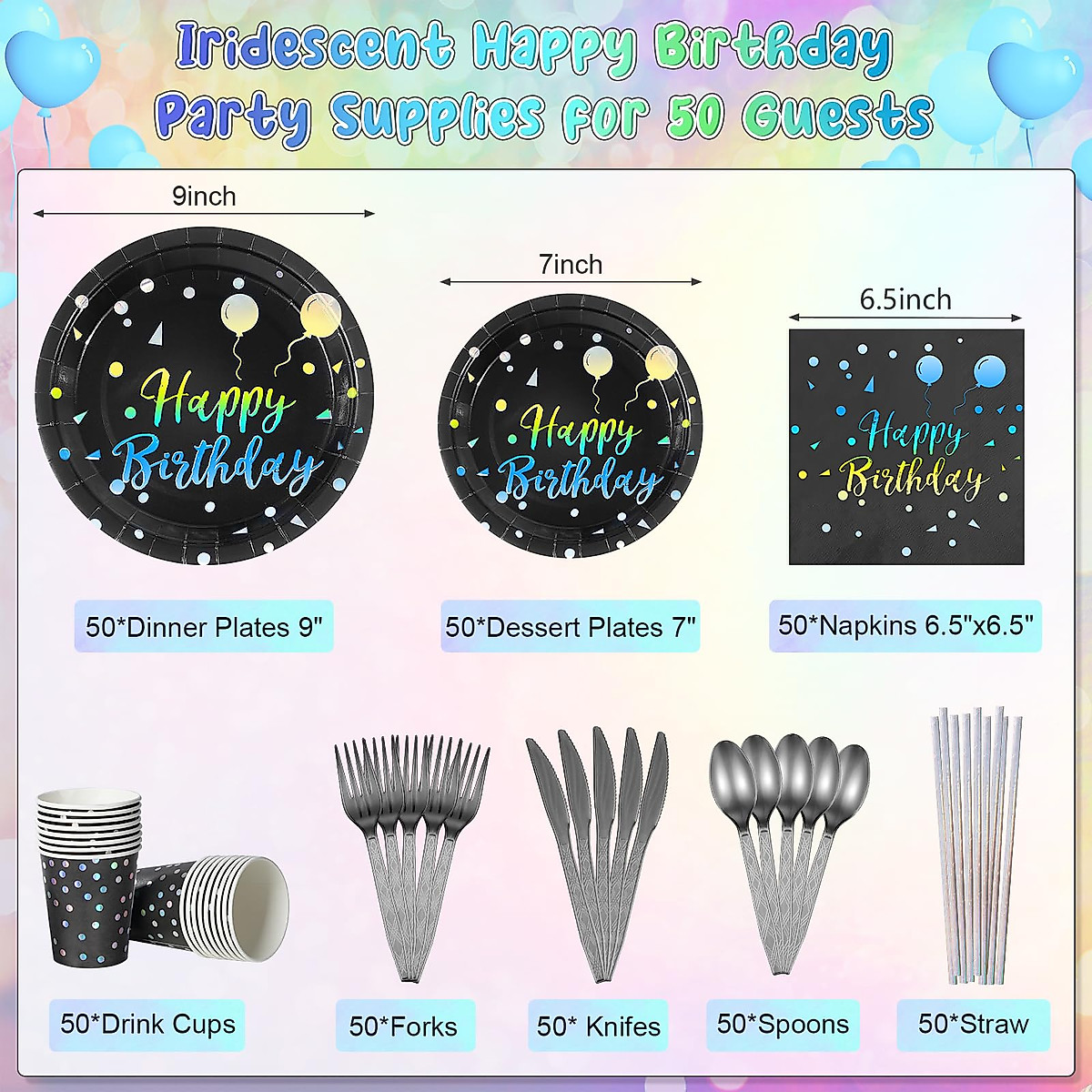 Happy Birthday Plates and Napkins Set Serve 25, Black and Iridescent Birthday Party Supplies, Disposable Paper Plates Napkins Cups, Birthday Tableware for Glitter Birthday Party Decorations