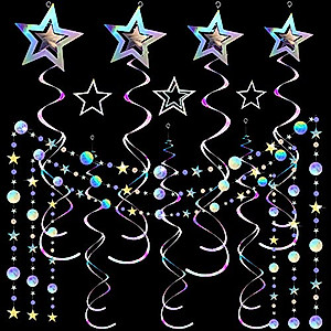 37 Pieces Iridescent Holographic Hanging Bling Twinkle Star Galaxy Garland Circle Dot Swirl Streamer Glitter Party Supplies Kit Decorations for Wedding Disco Party Decorations