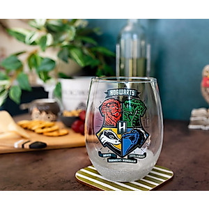 Silver Buffalo Harry Potter Animal Crests Teardrop Stemless Wine Glass | Holds 20 Ounces