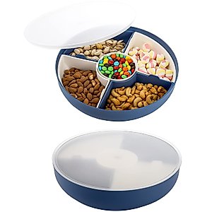 ZENFUN 2 Pack Plastic Candy and Nut Serving Container with Lid, 11.5 Inch Divided 5 Compartment Snack Bowls Serving Tray, Multifunctional Party Appetizer Tray for Dried Fruits, Food Storage