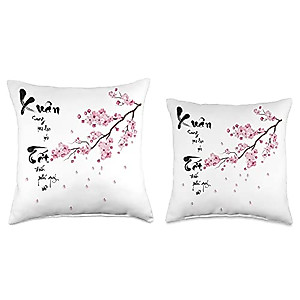 Flowers Happy Lunar New Year Lucky Men Women Gift Peach Blossom Vietnamese Lunar New Year Cat 2023 TET Women Throw Pillow, 16x16, Multicolor