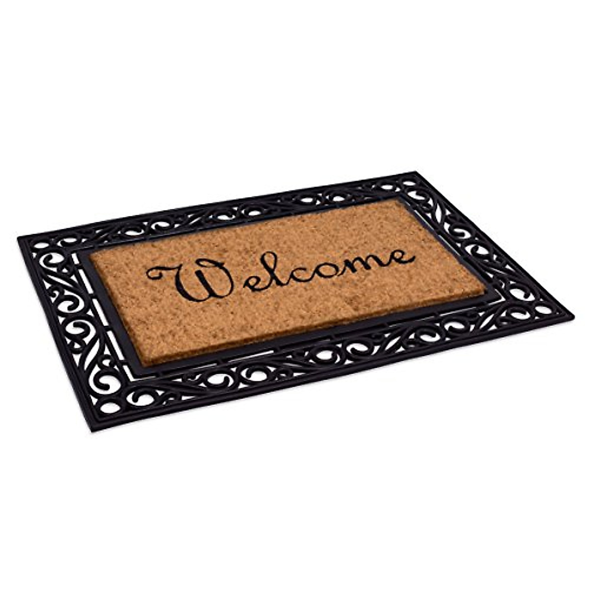 BirdRock Home Classic Welcome Brush Coir Doormat with Black Rubber Scroll Border, 24 x 36 Inch - Elegant Design