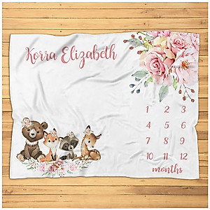 Floral Woodland Baby Monthly Blanket Girl, Personalized Girl Blanket Track Baby Growth, Monthly Growth Blanket, Woodland Baby Girl Blanket, Decor, Super Soft Plush Blanket for Baby 30x40