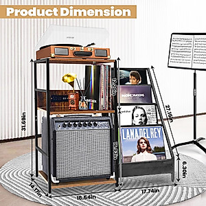 WEGOODLDER 3-Tier Vinyl Record Storage Stand with Built-in USB Ports and Power Outlets, Brown