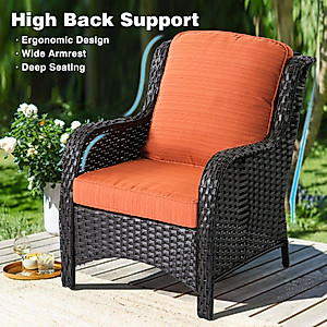 ovios Patio Furniture Set, 5 Piece Outdoor Wicker High Back Sofa with Comfy Cushions Ottomans, All Weather Conversation Set, Brown Rattan Orange Red