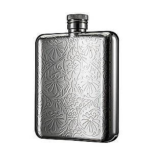 LANZON Hip Flask with Funnel, All 18/8 304 Food Grade Stainless Steel Curved Pocket Flask for Liquor | 6 OZ Capacity | Gift Boxed (Flower Pattern)