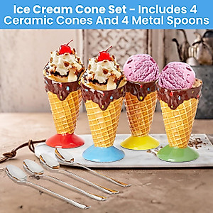 Kovot Ceramic Dessert & Ice Cream Cone Set - Includes 4 Ceramic Cones And 4 Metal Spoons