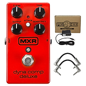 Dunlop M228 MXR Dyna Comp Deluxe Compressor Guitar Effect Pedal - Red with 9v AC Power Adapter and 2 R-Angle Patch Cable