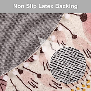 Uphome Round Rug for Bedroom 5.3' Circle Cute Area Rug with Pom Poms Fringe Floral Plant Washable Throw Rugs Non-Slip Soft Floor Mats for Entryway Laundry Living Room Kids Room Nursery, Pink