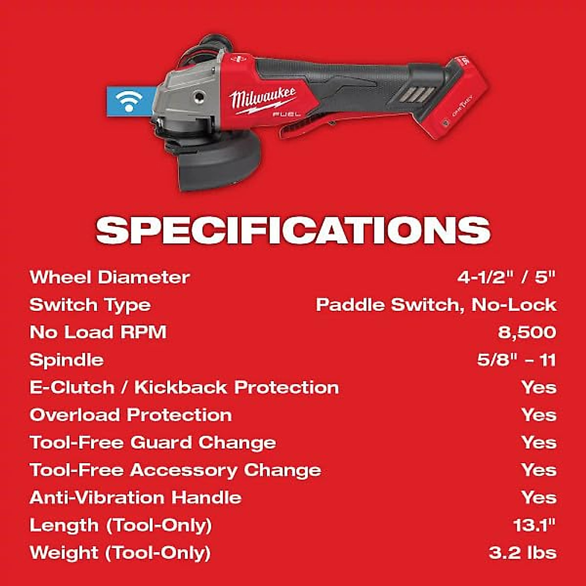 Milwaukee 2882-20 M18 FUEL Brushless Lithium-Ion 4-1/2 in. / 5 in. Cordless Braking Grinder with No-Lock Paddle Switch with ONE-KEY (Tool Only)