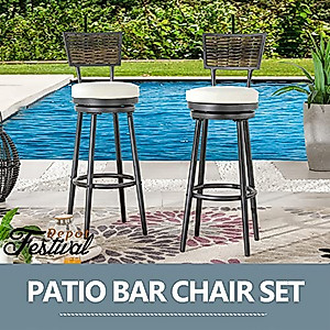 Sports Festival Outdoor Bar Stools Set of 4 Upholstered Bistro 360° Swivel Seat Top Armless Chairs with Woven Wicker, Steel Frame and Removable Seat Cushion for Kitchen Counter, Rustic Brown and Black