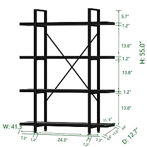 HSH 4 Tier Black Bookshelf, Industrial Metal Wood Storage Book Shelves, Modern Open 4 Shelf Bookcase and Display Etagere, Vertical Book Shelf for Bedroom Living Room Office