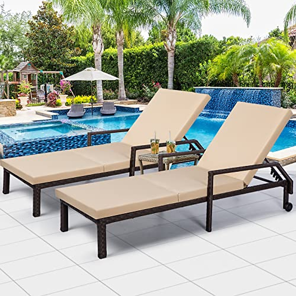 AECOJOY Chaise Lounge Chairs for Outside Outdoor Lounge Chairs, Adjustable PE Rattan Wicker Patio Pool Lounge Chair with Cushion and Wheels for Poolside Backyard Deck Porch Garden, Brown