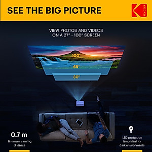KODAK FLIK X1 Mini Pico Projector | Portable Compact 100” Projector with Remote Control & 2W Speakers Plays Movies, TV Shows & Games | Compatible with HDMI, USB, AV, Smartphone, Firestick | White