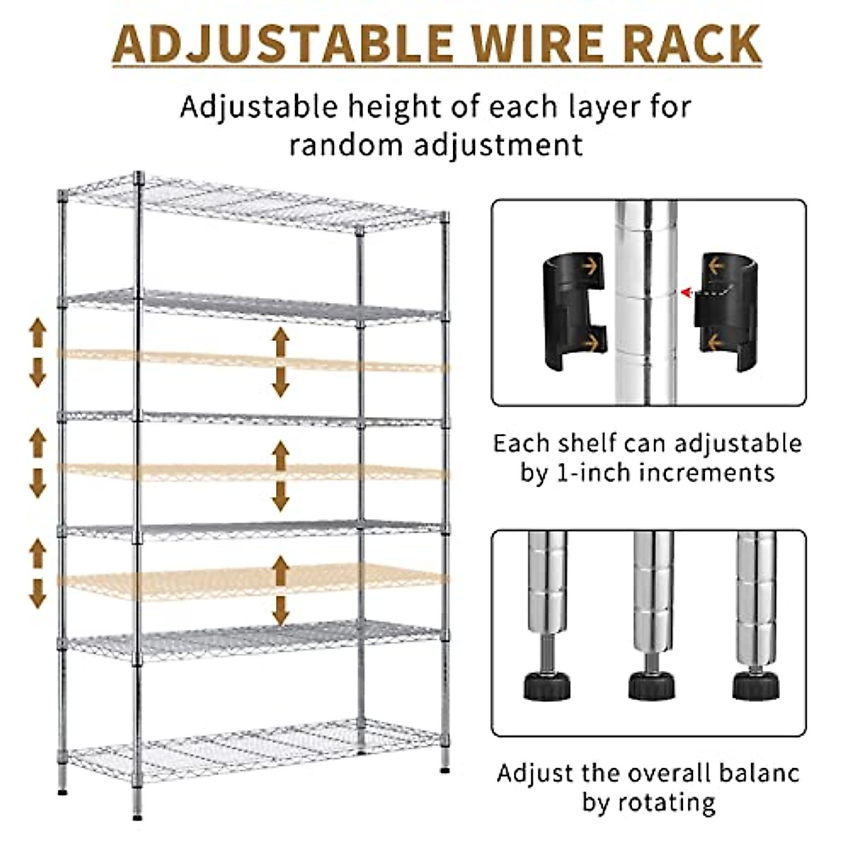 YYkokocat 6-Tier Adjustable Storage Shelves Heavy Duty Wire Shelving Unit with Wheels 2100Lb Metal Layer Rack Shelf NSF Shelving for Closet Kitchen Garage, 82" H x 48" L x 18" D - Chrome
