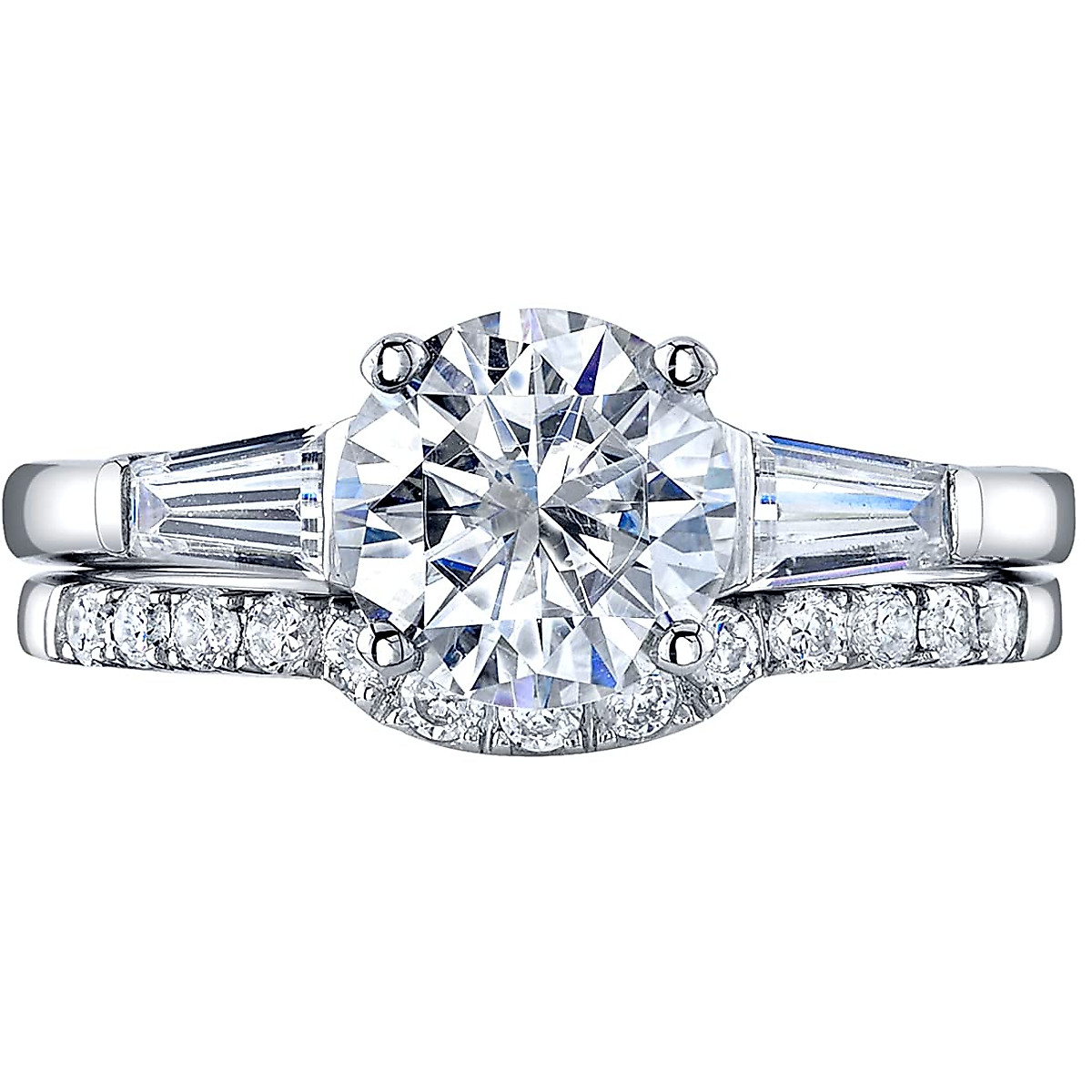 PEORA Moissanite Keepsake Solitaire Engagement Ring and Wedding Band Bridal Set in Sterling Silver, 1.50 Carat Center, DE Color, VVS Clarity, Size 5.5