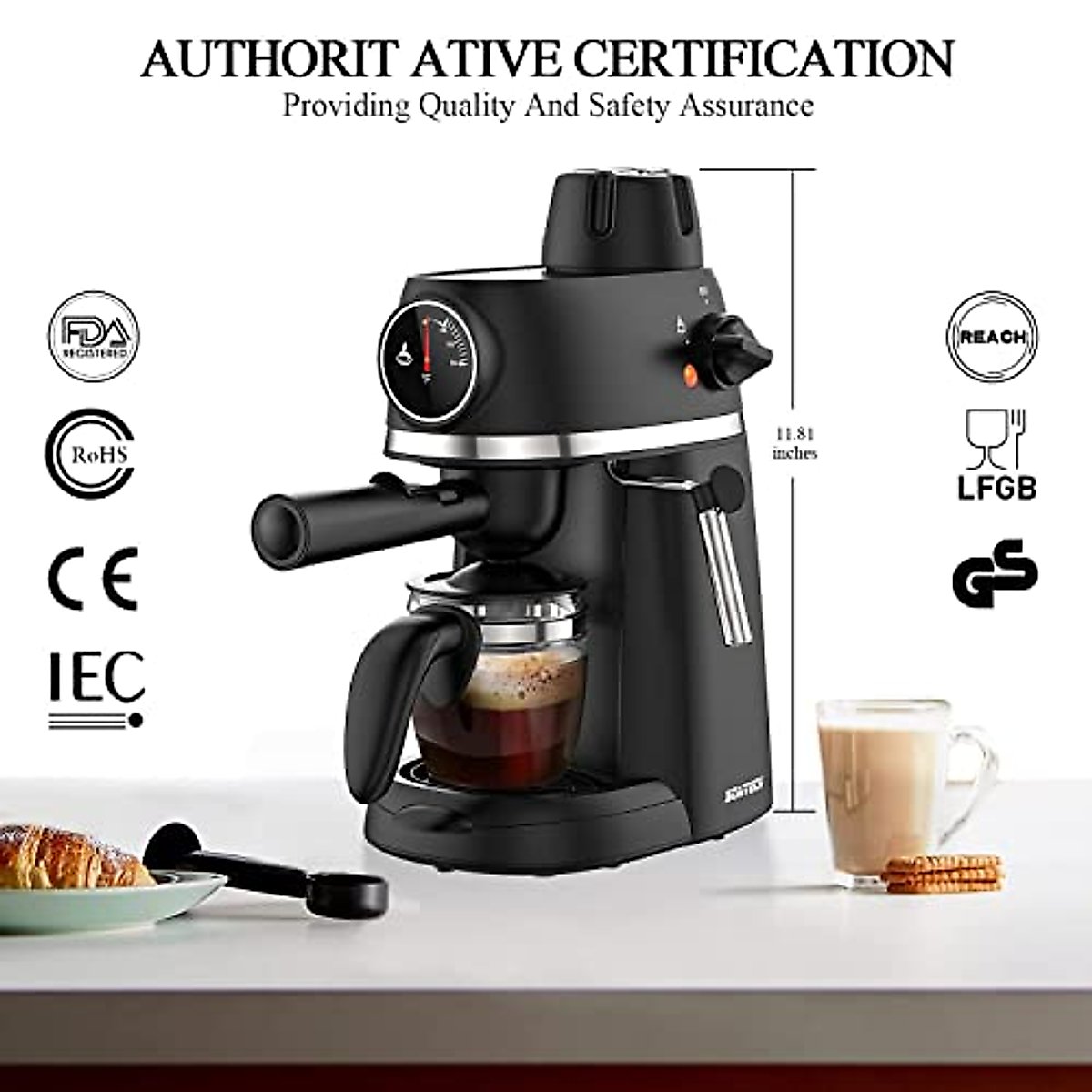 SOWTECH Espresso Machine, Cappuccino Machine with Steam Milk Frother, 3.5 Bar Latte Coffee Maker with Carafe