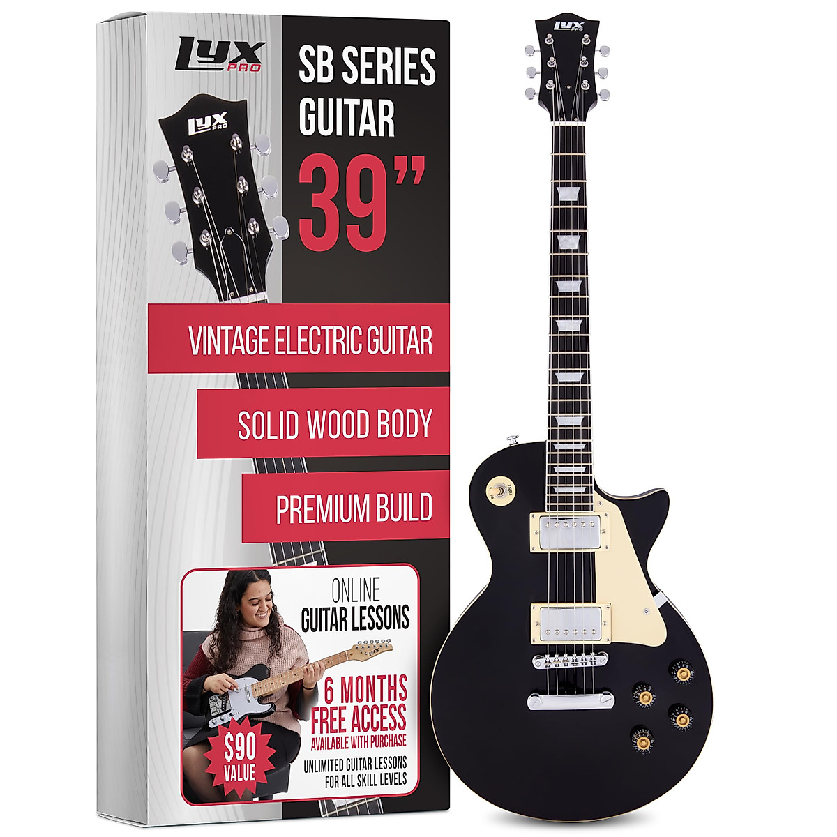 LyxPro 39” SB Series Electric Guitar, LP Style for Beginner, Intermediate & Pro Players Solid Body Guitar, Bonus 2-Pack of Picks, Mahogany Wood, Volume/Tone Controls, 3-Way Pickup - Black