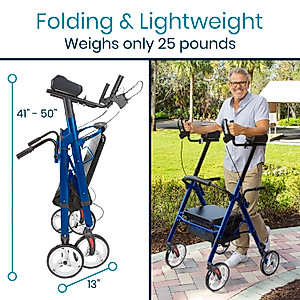 Vive Bariatric Upright Walker with Seat - Heavy Duty Senior Stand Up Rollator, Extra Wide Frame - Padded Armrest & Backrest -Mobility Aid Portable Rolling Walker with Bag - Fits Tall & Large People