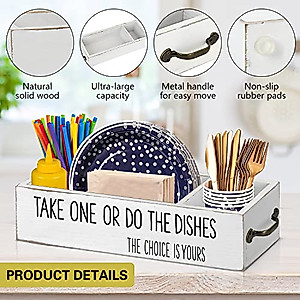 Kitchen Countertop Paper Plate Organizer Utensil Caddy, Wooden Paper Plate Holder with Handle, Utensil Caddy Holder for Cup Fork Knives Napkin Condiment, Silverware Caddy for Party Camping BBQ