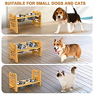 SEASOULSTAR Elevated Dog Bowls for Small Dogs and Cats -Tilted Adjustable Raised Dog Bowls with 2 Stainless Steel Bowls,Non-Slip Bamboo Dog Cat Feeder