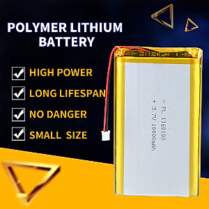 AKZYTUE 3.7V LiPo Battery 1160100 10000mAh Lithium Rechargeable Battery with PH2.0mm JST Connector for Raspberry Pi UPS Board