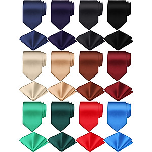 24 Pieces Solid Color Ties and Pocket Square Sets Pure Color Ties Business Formal Ties Handkerchief for Men Casual Occasions Wedding Party, Classic Colors