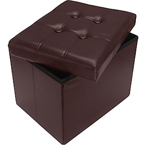 AmasSmile® Storage Ottoman Folding Foot Rest Stool, 17 inch Leather Footstool Bench, Short Ottoman Stool, Storage Foot Rest Store, Books, Records Support 330 lbs, Brown