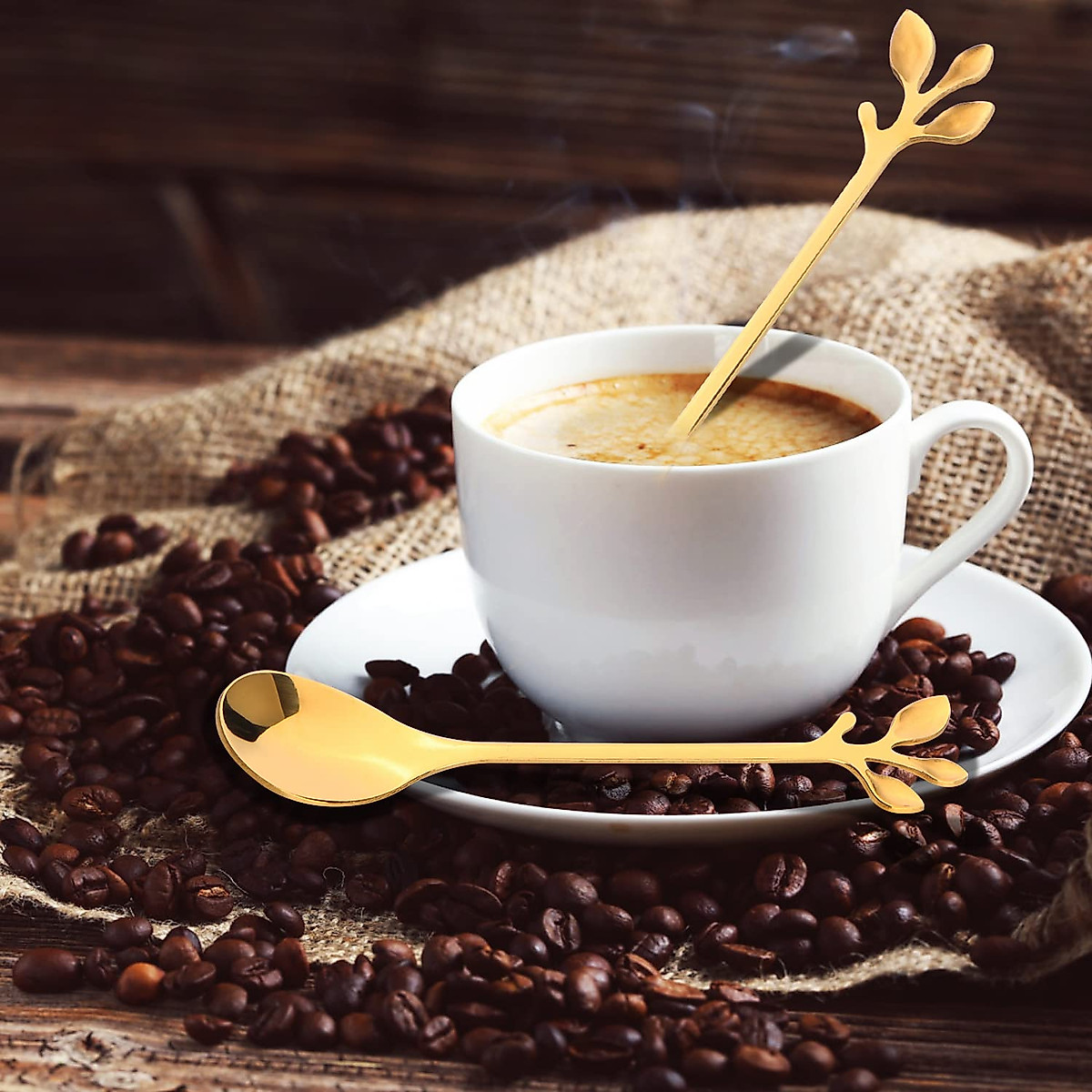 12pcs Stainless Steel Gold Leaf Coffee Spoon and Cake Fruit Forks Kitchen Accessory Wedding Party for Dessert, Salad, Appetizer, Spoon and Fork Set(6 Forks + 6 Spoons) (Gold)