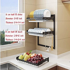 Ctystallove 3 Tier Black Stainless Steel Dish Drying Rack Fruit Vegetable Storage Basket with Drainboard and Hanging Chopsticks Cage Knife Holder Wall Mounted Kitchen Supplies Shelf Utensils Organizer