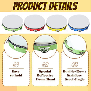 4 Pcs Tambourines for Adults 10 Inch Hand Held Drum Bell Birch Metal Jingles Single Row Wooden Tambourine Rhythm Educational Musical Instrument Percussion for Church KTV Party Gifts