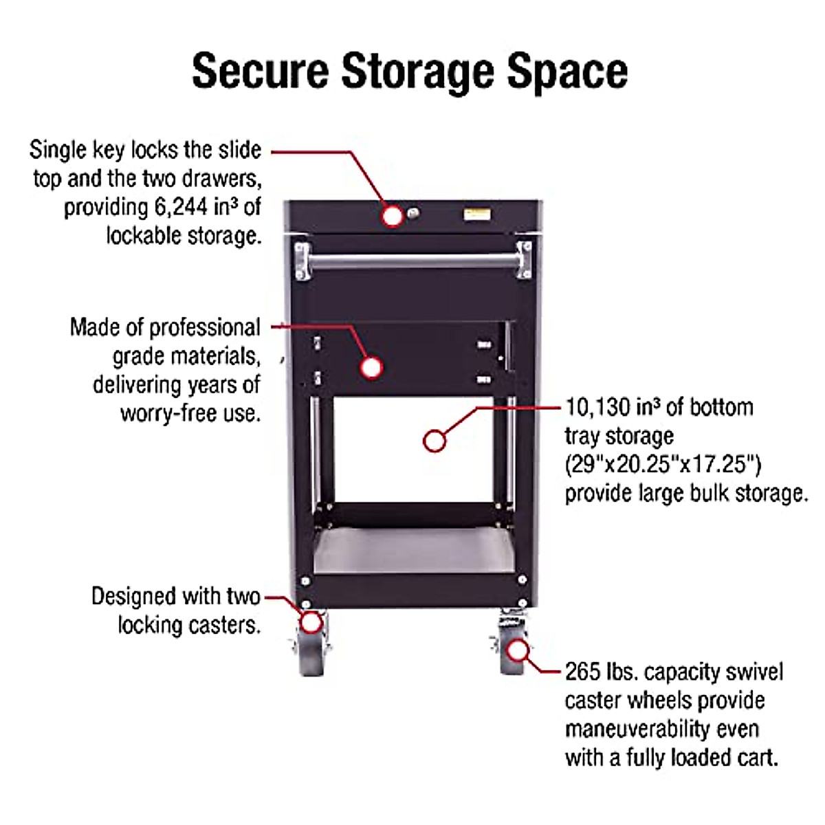 Sunex 8035 Black Compact Slide Utility Cart, Locking Slide Top, Swivel/Locking Casters, 18 Gauge Steel, Latching Drawers, 450-Pound Capacity