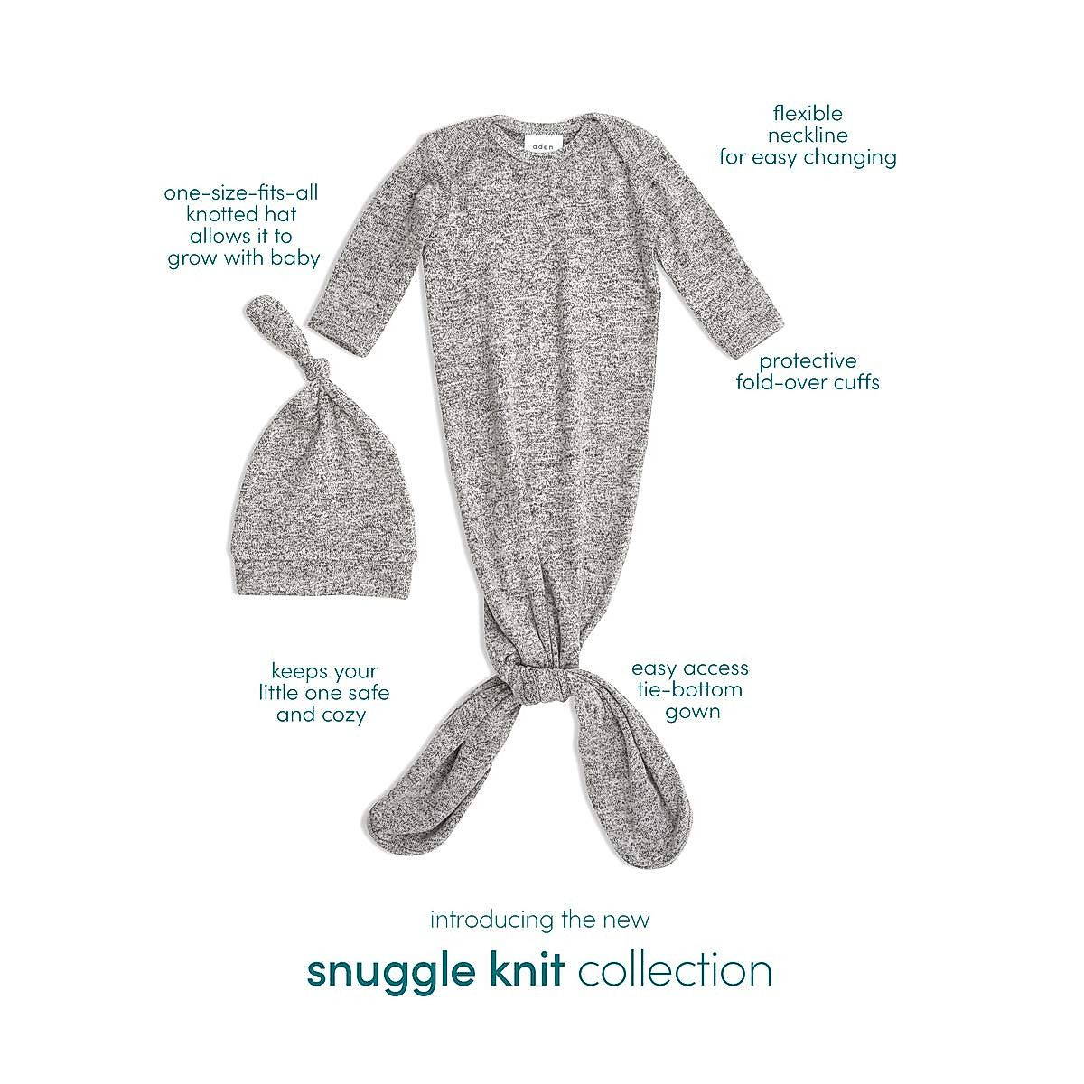 aden + anais Snuggle Knit Knotted Newborn Baby Gown & Hat Set-Heather Grey