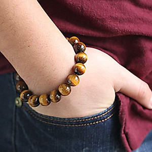 Jewever Original Natural Tigereye Gemstone 12mm Smooth Round Beads Stretch Bracelet Unisex(blue yellow,2pieces)