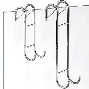 Shower Door Towel Hooks - 9"~13" Length Adjustable Hook for Framed & Frameless Over The Door Glass, Squeegee Holder, Towels Hanger for Bath Suits Rozer Robes Loofahs Shavers, 2-Pack Silver