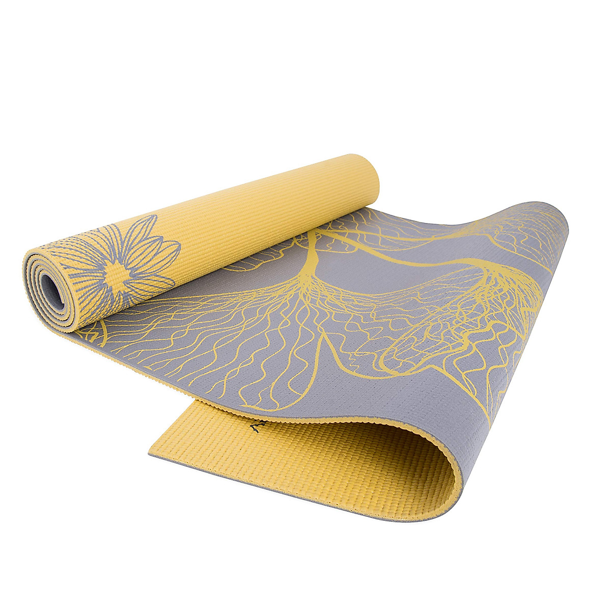CAP Yoga Mat with Carry Strap, 5mm, Reversible Dahlia Design, Yellow/Gray