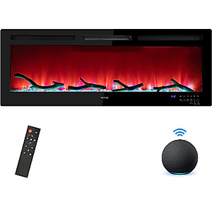 VEVOR Electric Fireplace, 50-inch Wall Mounted and Recessed Fireplace, Fit for 2 x 4 and 2 x 6 Stud, Adjustable Flame Colors and Speed with Remote Control & Timer, Compatible with Alexa, 1500 W, Black