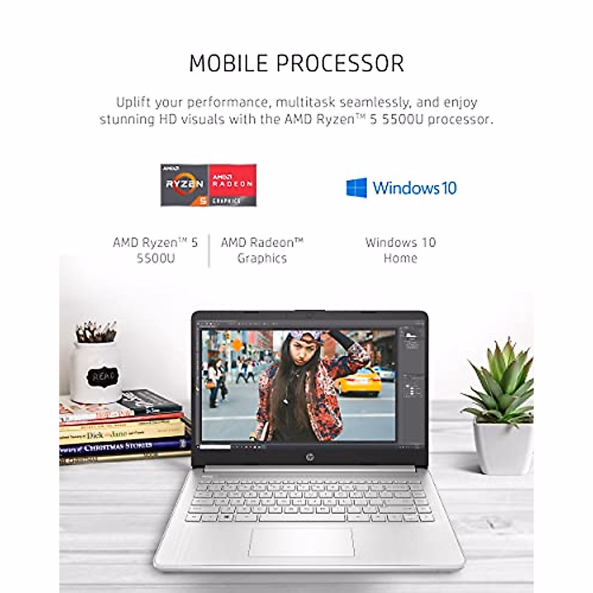 HP 14 Laptop, AMD Ryzen 5 5500U, 8 GB RAM, 256 GB SSD Storage, 14-inch Full HD Display, Windows 10 Home, Thin & Portable, Micro-edge & Anti-glare Screen, Long Battery Life (14-fq1021nr, 2021)