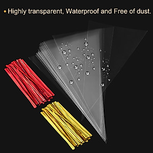 uxcell 200 Pcs Cone Cello Bags, Clear Flat Plastic Cello Treat Bag with Gold/Red Twist Ties Candy Bags Cookie Bags for Christmas Snacks Candy Cookie Sweet