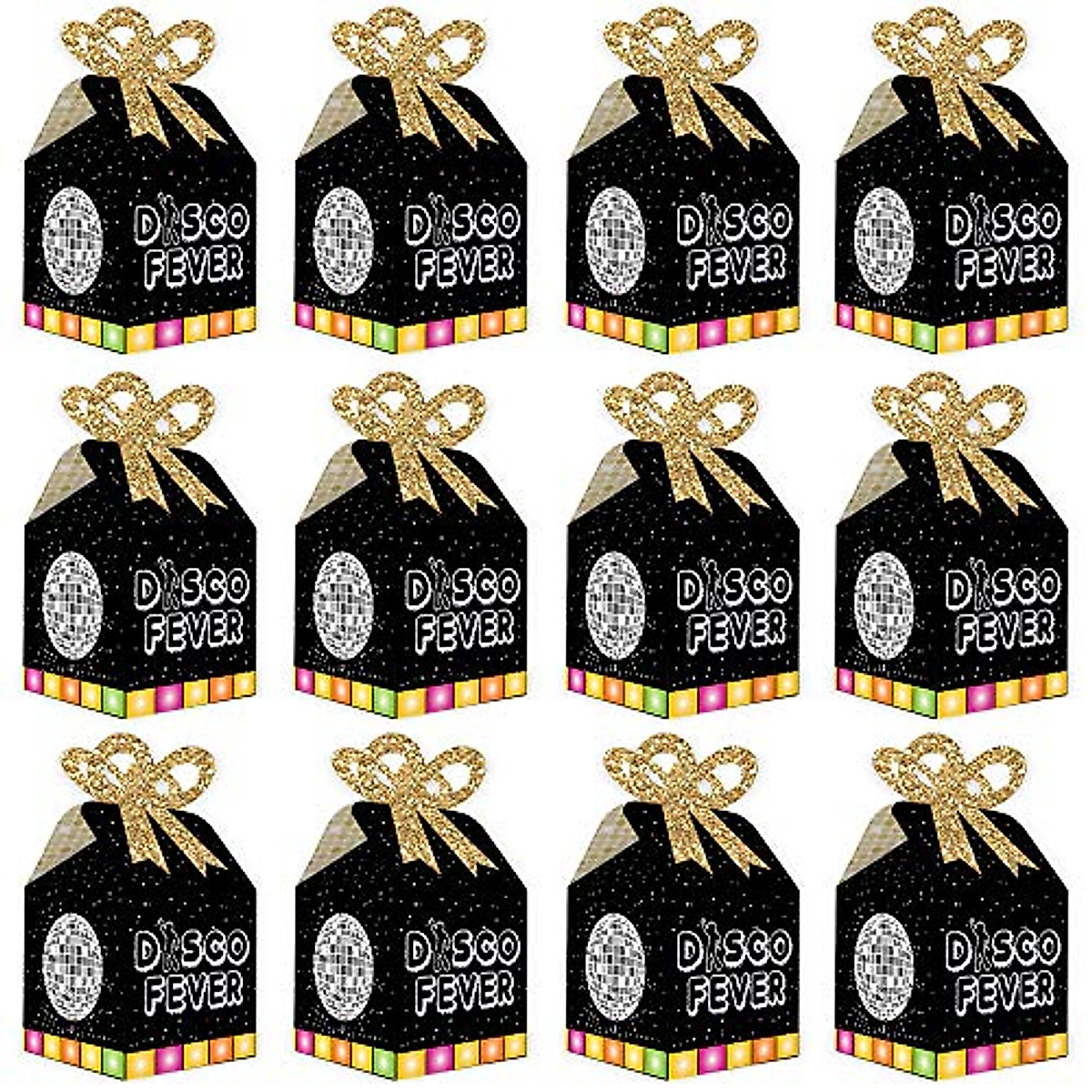 Big Dot of Happiness 70’s Disco - Square Favor Gift Boxes - 1970s Disco Fever Party Bow Boxes - Set of 12