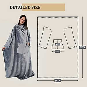 MAXICOZY Wearable Blanket with Sleeves and Pocket, 50"x 70", Warm and Comfy Flannel Blanket Sweatshirt for Adult Women Men (Gray)