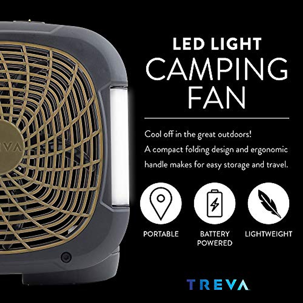 Treva 10-Inch Portable Desktop Air Circulation Battery Fan, 2 Speed, Compact Folding & Tilt Design Fan With Adjustable LED Lights