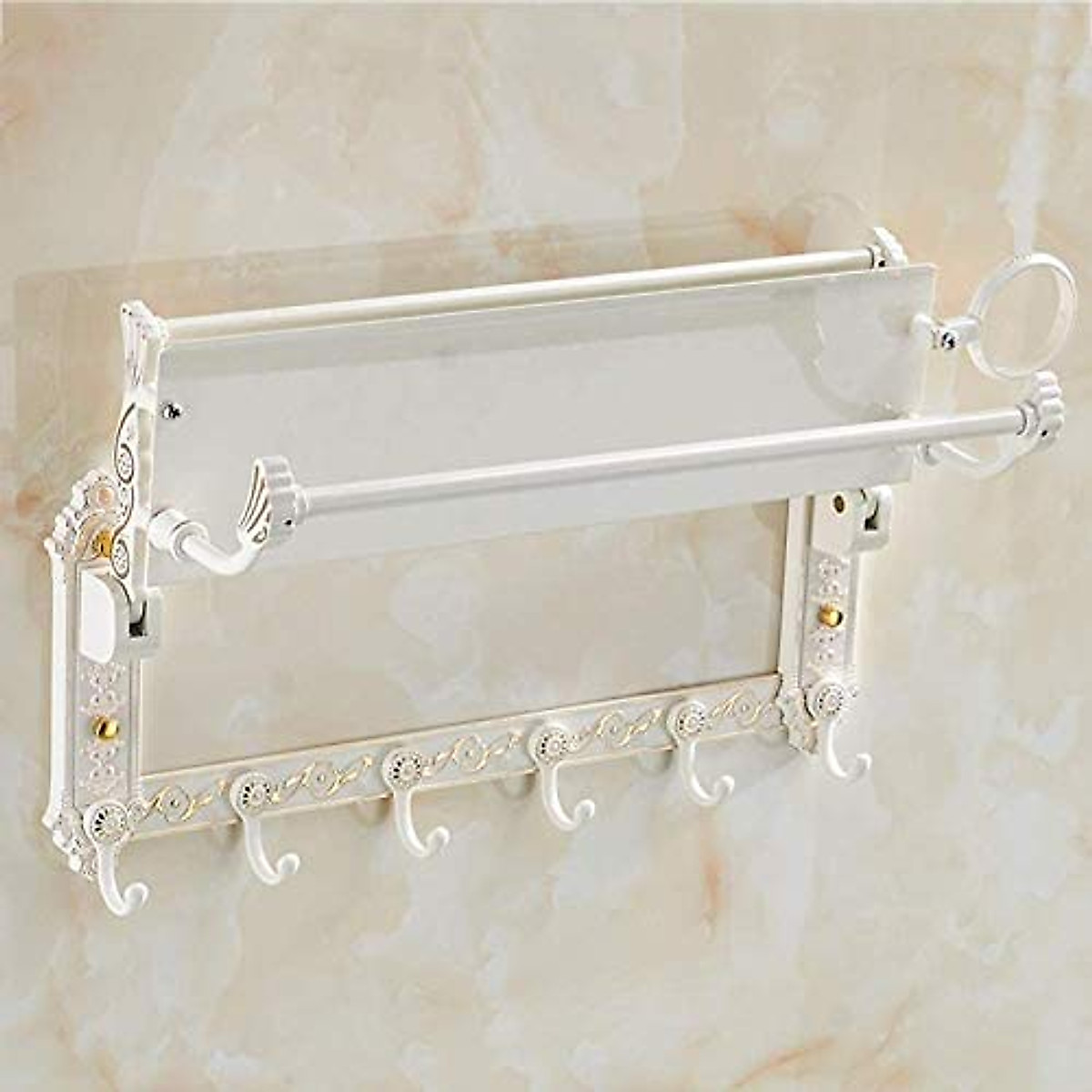 HYJMJJ Wall Mounted Coat Rack, Wall Mounted Space Aluminum Foldable Bathroom Shelves Storage Rack with Hook, Single Rod Towel Rack，Not Fade Multifunction Cosmetic Storage Rack,for Home Kitchen