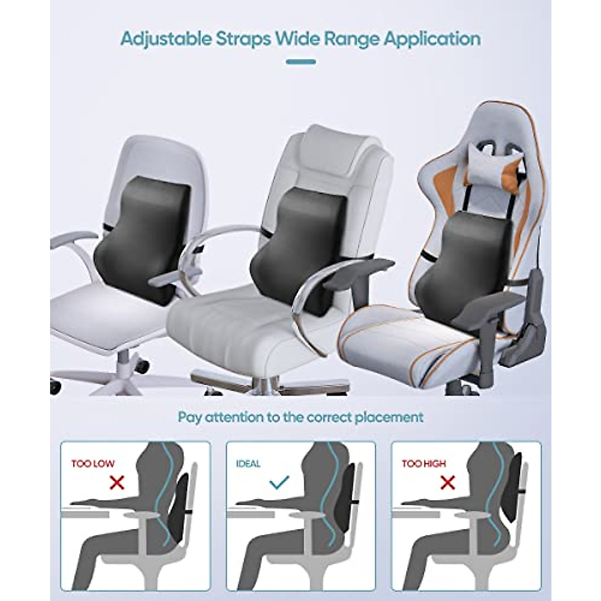 Tsumbay Lumbar Support Pillow Memory Foam Back Cushion Ergonomic Backrest for Back Pain Relief with Breathable 3D Mesh and Adjustable Belts, for Office Chair, Car Seat, Gaming Chair and Wheelchair