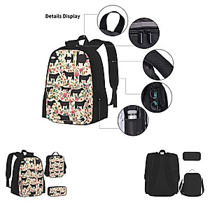 MQGMZ Pink Flower Show Steer Cows Cattle Print Backpack 3 Pcs Set Travel Hiking Lightweight Water Laptop Pencil Case Insulated Lunch Bag