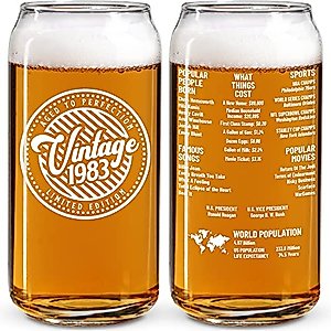 40th Birthday Gift For Men - Birthday Beer Gifts 20 Ounce 2-Sided Beer Can Glass (1 Count) - Vintage Glass for a 40 Year Old - Funny Glass Gift for His or Her 40th Birthday - Anniversary Party (1983)