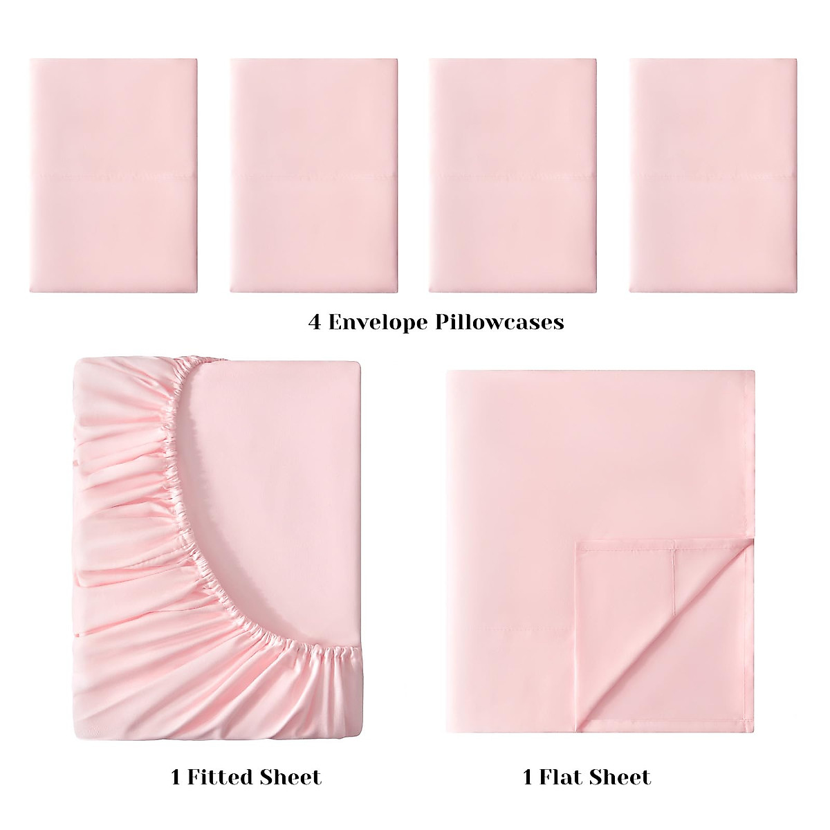 BYSURE 6 Pieces Bed Sheets Set(Queen, Light Pink) - Super Soft 1800 Thread Count 100% Microfiber Sheets with Deep Pockets, Wrinkle & Fade Resistant
